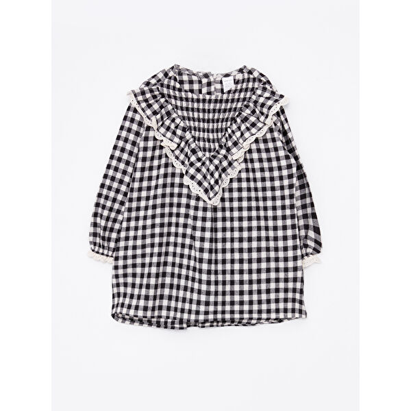 Bisiklet Yaka Uzun Kollu Ekose Desenli Kız Bebek Elbise