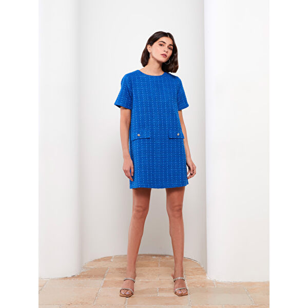 Bisiklet Yaka Desenli Kısa Kollu Kadın Elbise