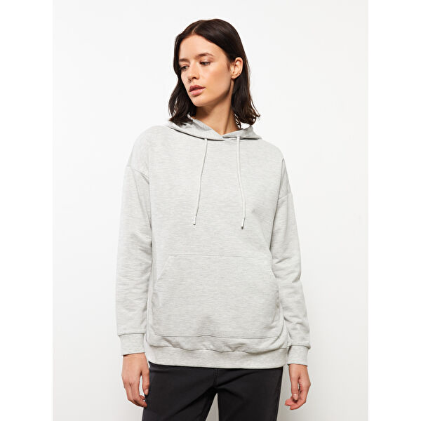 Kapüşonlu Düz Uzun Kollu Oversize Kadın Sweatshirt