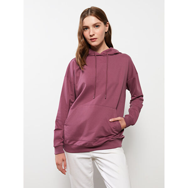 Kapüşonlu Düz Uzun Kollu Oversize Kadın Sweatshirt