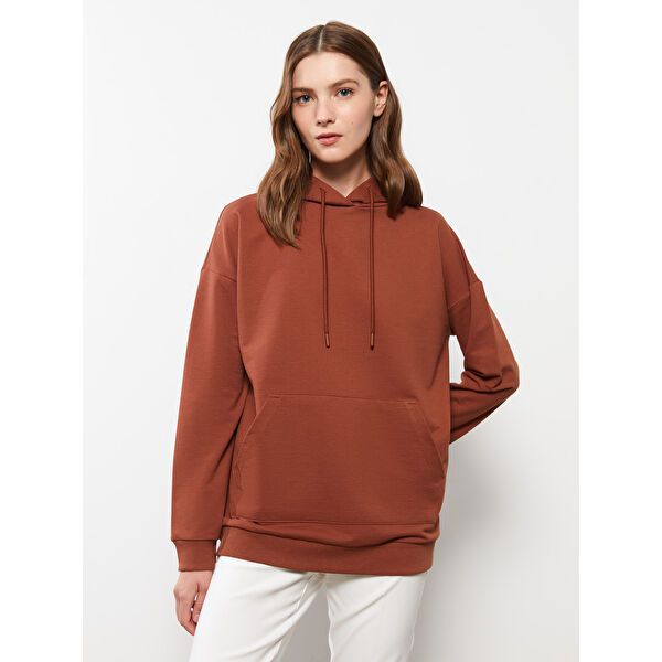 Kapüşonlu Düz Uzun Kollu Oversize Kadın Sweatshirt