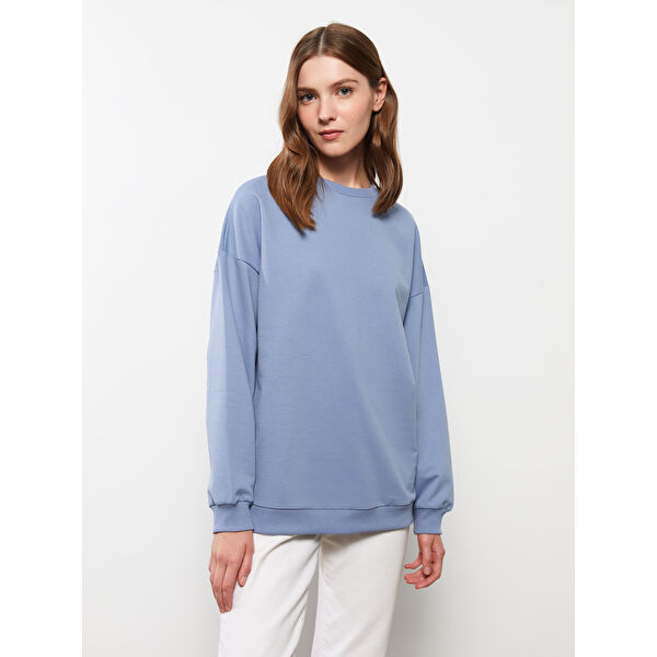 Bisiklet Yaka Düz Uzun Kollu Oversize Kadın Sweatshirt