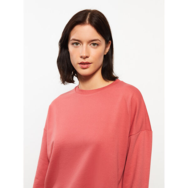 Bisiklet Yaka Düz Uzun Kollu Oversize Kadın Sweatshirt
