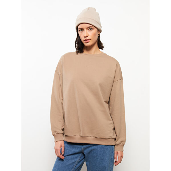 Bisiklet Yaka Düz Uzun Kollu Oversize Kadın Sweatshirt