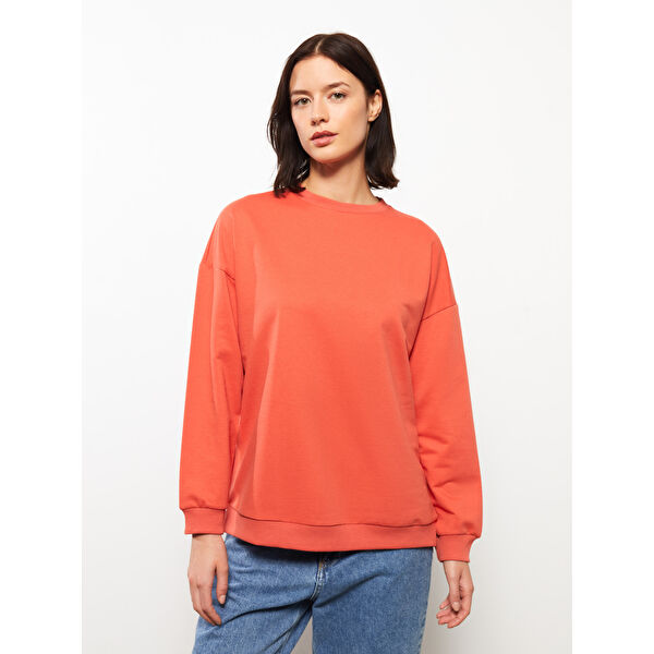 Bisiklet Yaka Düz Uzun Kollu Oversize Kadın Sweatshirt