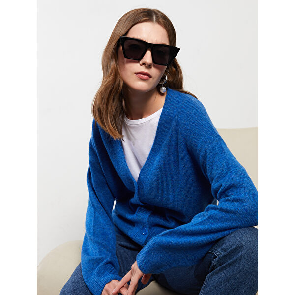 V Yaka Düz Uzun Kollu Triko Kadın Hırka