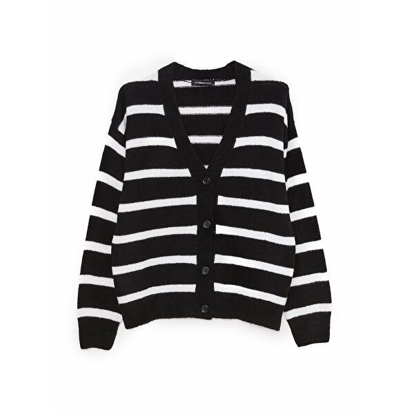 V Yaka Çizgili Uzun Kollu Triko Kadın Hırka V Yaka Çizgili Uzun Kollu Triko Kadın Hırka