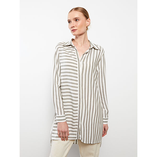 Gömlek Yaka Çizgili Uzun Kollu Viskon Kadın Tunik