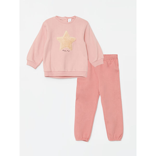 Bisiklet Yaka Uzun Kollu Baskılı Kız Bebek Sweatshirt ve Pantolon 2'li Takım