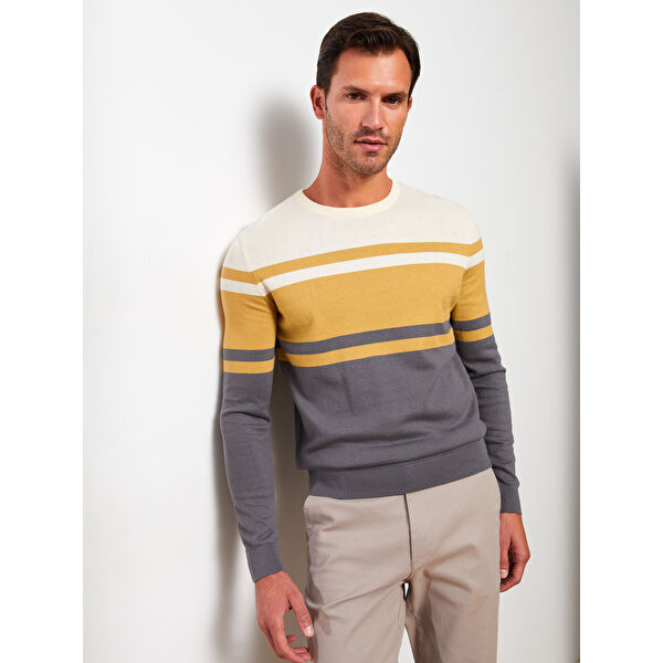 Bisiklet Yaka Uzun Kollu Renk Bloklu Erkek Triko Kazak