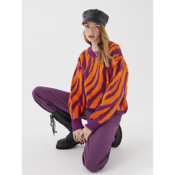 Bisiklet Yaka Baskılı Uzun Kollu Kadın Triko Kazak