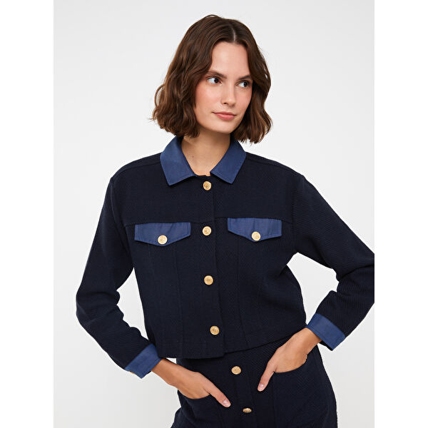 Renk Bloklu Uzun Kollu Tüvit Kadın Gömlek Ceket