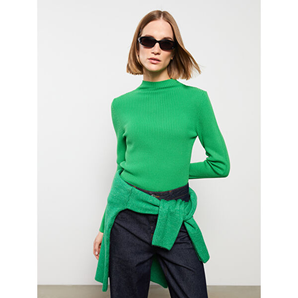 Dik Yaka Düz Uzun Kollu Triko Kadın Kazak