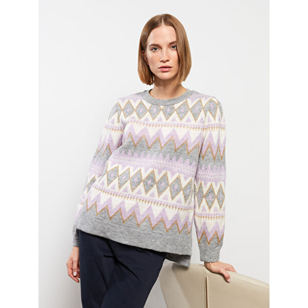 Bisiklet Yaka Desenli Uzun Kollu Kadın Triko Kazak Bisiklet Yaka Desenli Uzun Kollu Kadın Triko Kazak