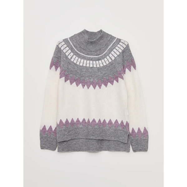 Dik Yaka Desenli Uzun Kollu Kadın Triko Kazak