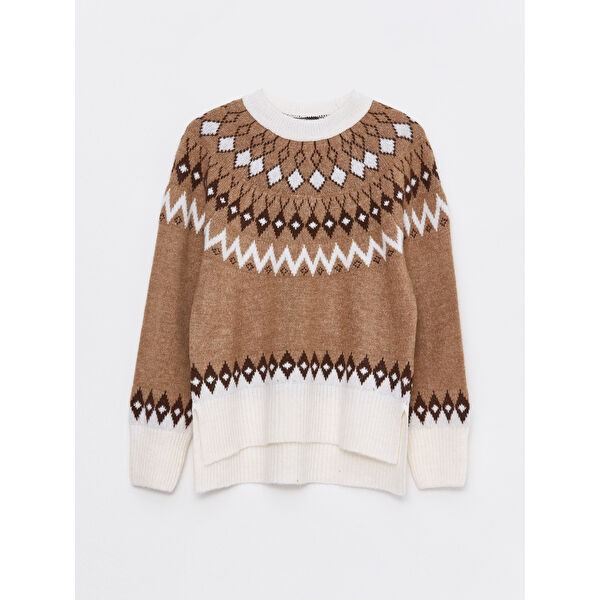 Bisiklet Yaka Desenli Uzun Kollu Kadın Triko Kazak