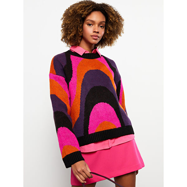 Bisiklet Yaka Desenli Uzun Kollu Kadın Triko Kazak