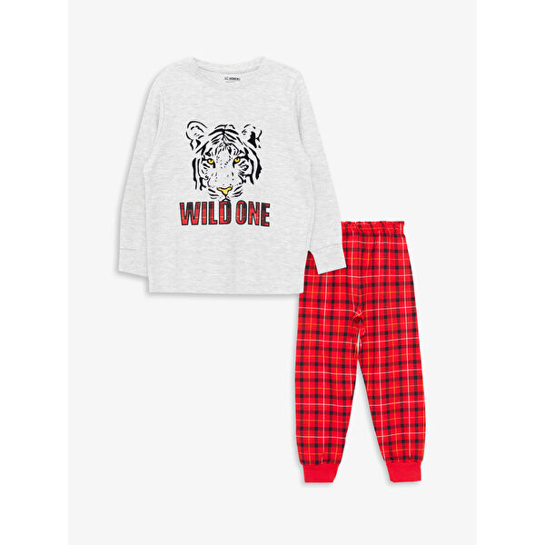 Bisiklet Yaka Baskılı Uzun Kollu Erkek Çocuk Pijama Takımı