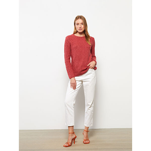 Bisiklet Yaka Kendinden Desenli Uzun Kollu Kadın Triko Kazak