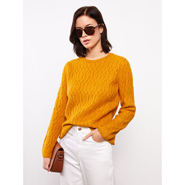 Bisiklet Yaka Kendinden Desenli Uzun Kollu Kadın Triko Kazak