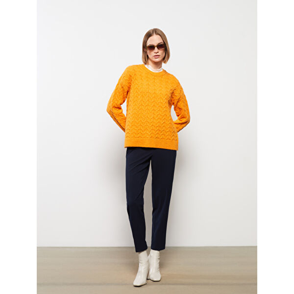 Bisiklet Yaka Kendinden Desenli Uzun Kollu Kadın Triko Kazak