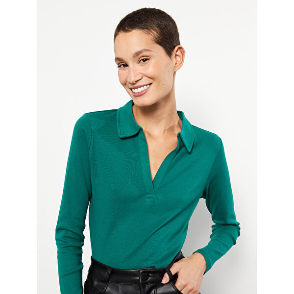 Polo Yaka Düz Uzun Kollu Kadın Tişört