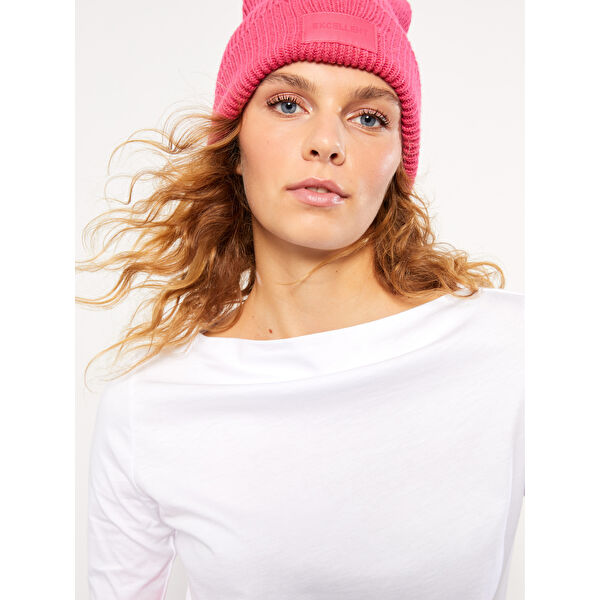 Kayık Yaka Düz Uzun Kollu Pamuklu Kadın Tişört