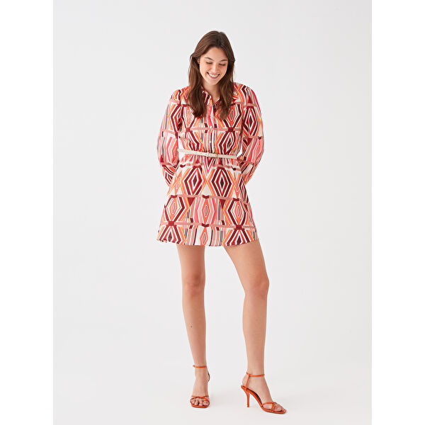 Gömlek Yaka Desenli Uzun Kollu Saten Kadın Elbise