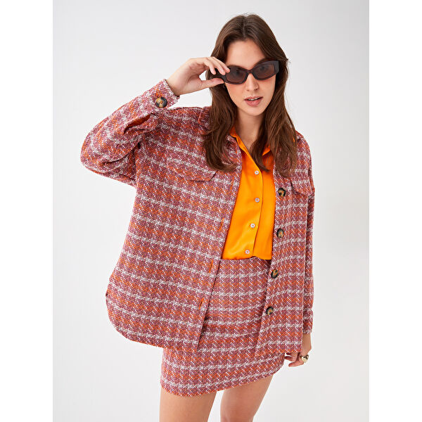 Önden Düğme Kapamalı Desenli Uzun Kollu Tüvit Kadın Gömlek Ceket