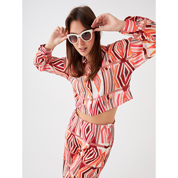 Desenli Uzun Kollu Saten Kadın Gömlek