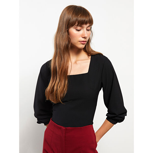 Kare Yaka Düz Uzun Kollu Kadın Bluz