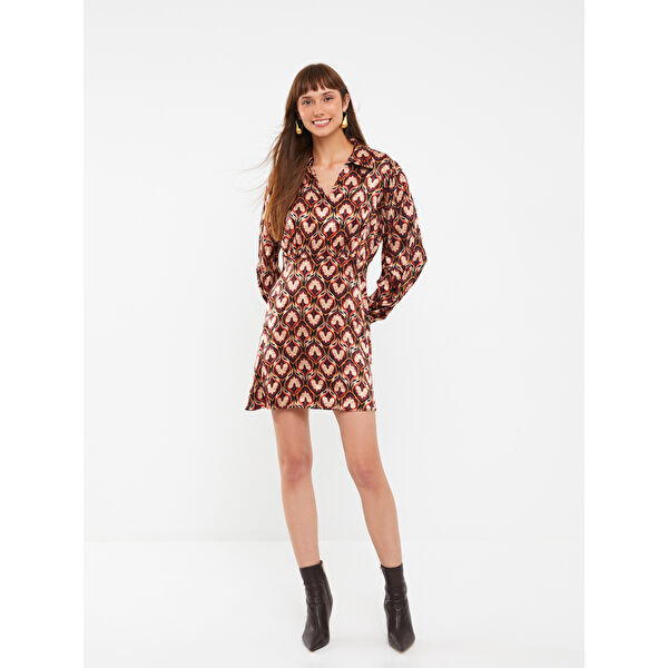 Gömlek Yaka Desenli Uzun Kollu Saten Kadın Elbise