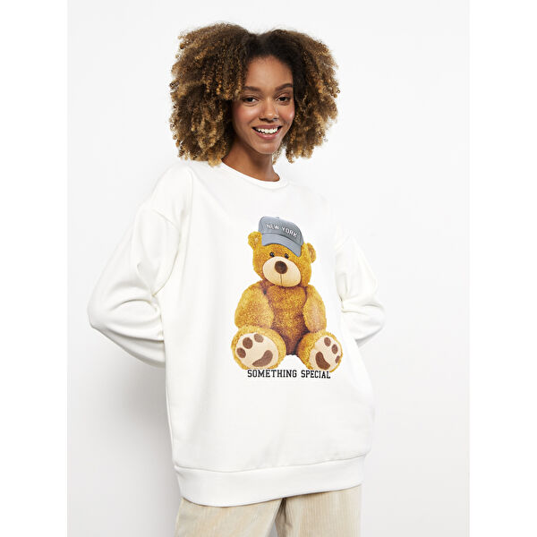 Bisiklet Yaka Baskılı Uzun Kollu Oversize Kadın Sweatshirt Bisiklet Yaka Baskılı Uzun Kollu Oversize Kadın Sweatshirt