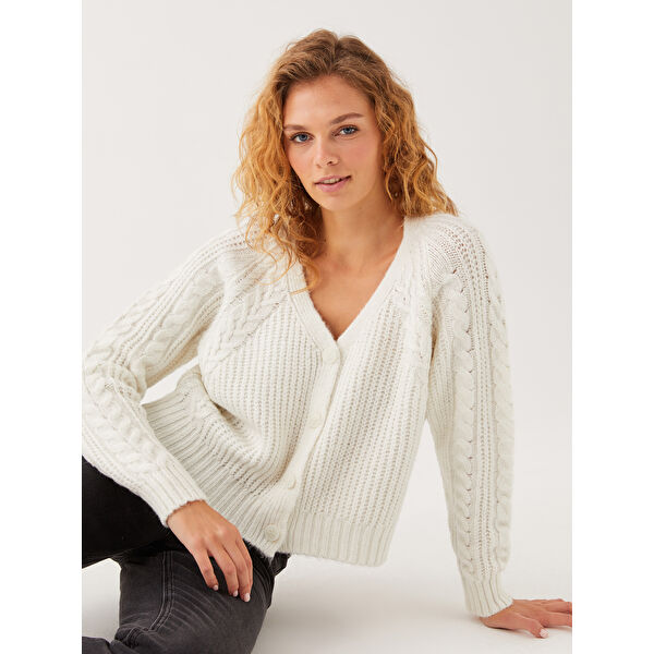 V Yaka Kendinden Desenli Uzun Kollu Kadın Triko Hırka