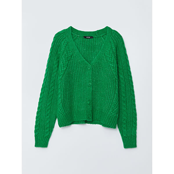 V Yaka Kendinden Desenli Uzun Kollu Kadın Triko Hırka