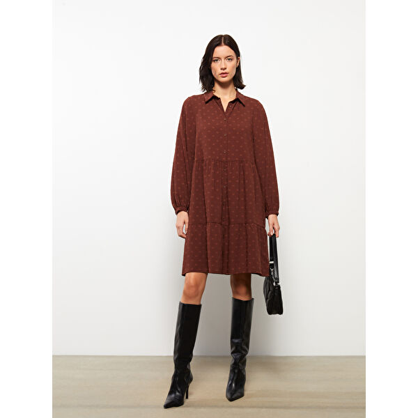 Gömlek Yaka Desenli Uzun Kollu Kadın Elbise Gömlek Yaka Desenli Uzun Kollu Kadın Elbise