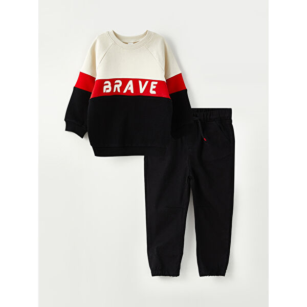 Bisiklet Yaka Uzun Kollu Baskılı Erkek Bebek Sweatshirt ve Eşofman Alt 2'li Takım