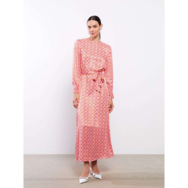 Bisiklet Yaka Desenli Uzun Kollu Viskon Kadın Elbise