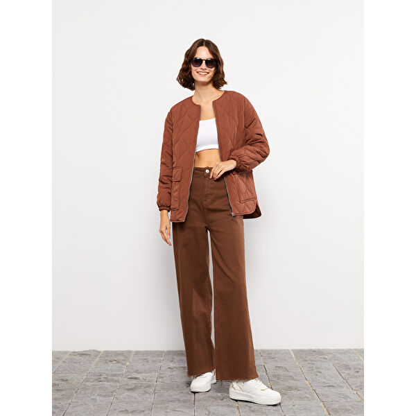 Bisiklet Yaka Kendinden Desenli Uzun Kollu Kadın Şişme Mont