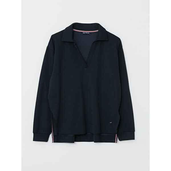 Polo Yaka Düz Uzun Kollu Kadın Sweatshirt