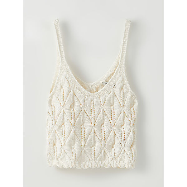 V Yaka Kendinden Desenli Askılı Kadın Triko Kazak