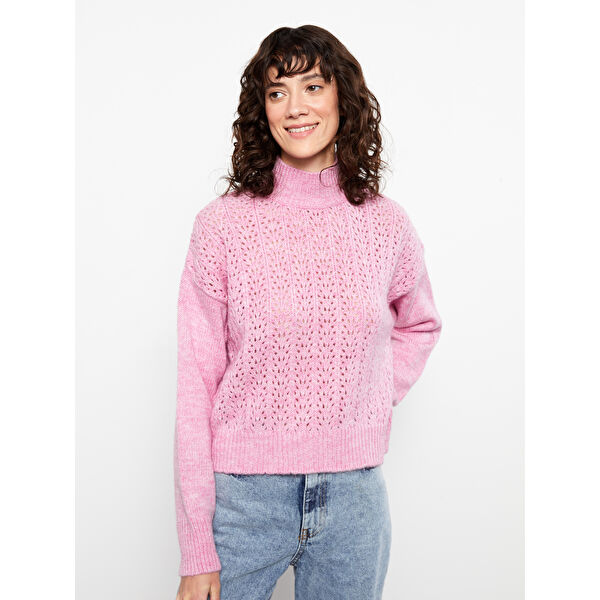 Balıkçı Yaka Kendinden Desenli Uzun Kollu Kadın Triko Kazak