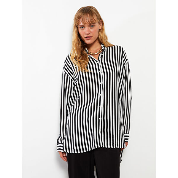 Çizgili Uzun Kollu Viskon Kadın Gömlek