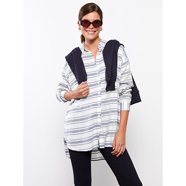 Çizgili Uzun Kollu Viskon Kadın Gömlek