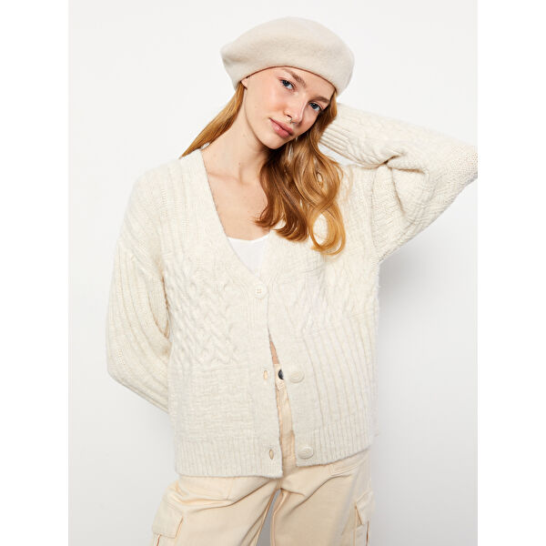 V Yaka Kendinden Desenli Uzun Kollu Kadın Triko Hırka