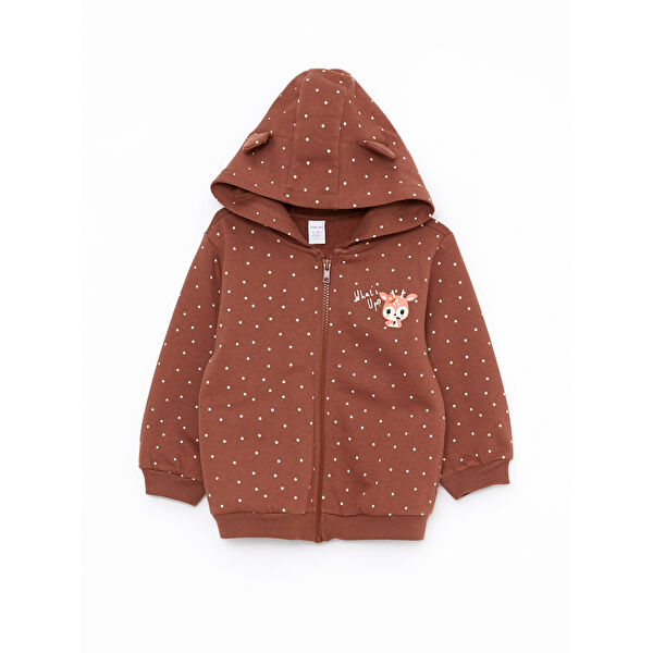 Kapüşonlu Uzun Kollu Baskılı Kız Bebek Fermuarlı Sweatshirt