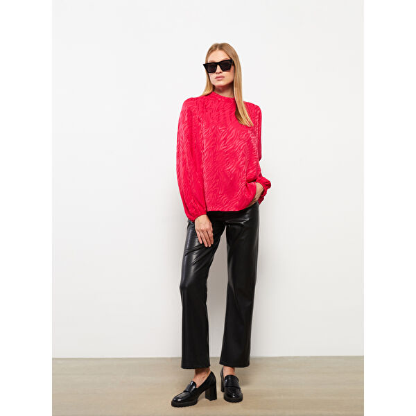 Dik Yaka Desenli Uzun Kollu Viskon Kadın Bluz