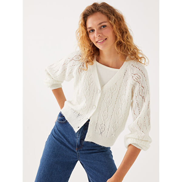 V Yaka Kendinden Desenli Uzun Kollu Triko Kadın Hırka