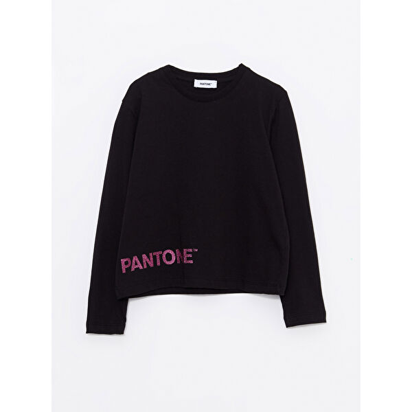 Bisiklet Yaka Baskılı Uzun Kollu Kız Çocuk Crop Tişört