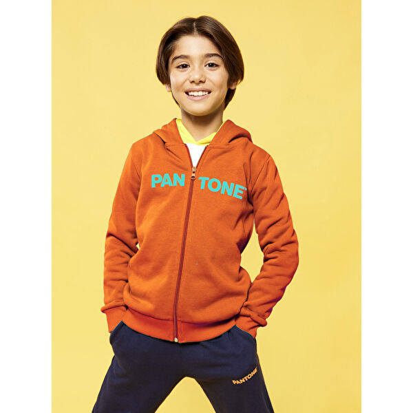Kapüşonlu Baskılı Uzun Kollu Unisex Çocuk Fermuarlı Sweatshirt
